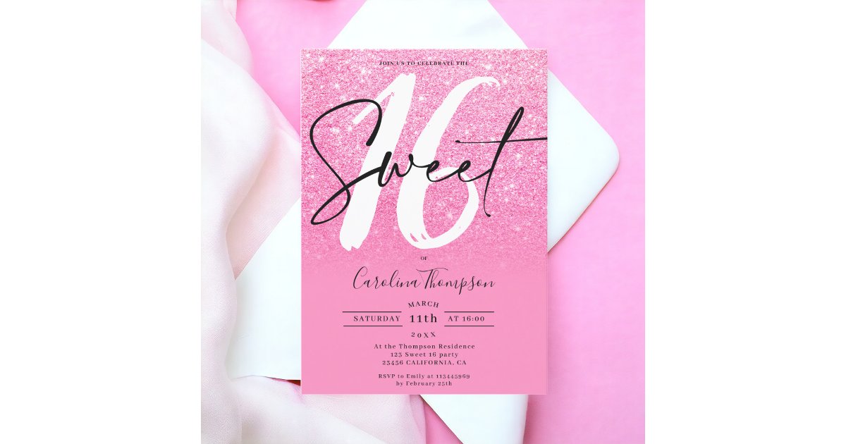 Girly pink glitter border script photo Sweet 16 Invitation | Zazzle