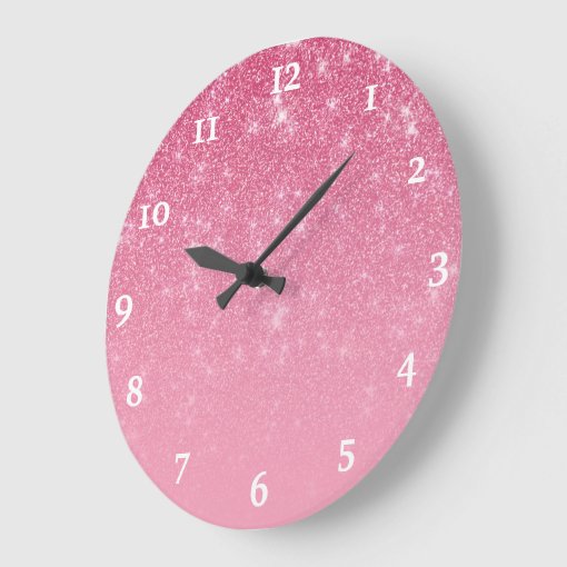 Girly Pink Glitter Glam Chic Sparkly Ombre Large Clock | Zazzle