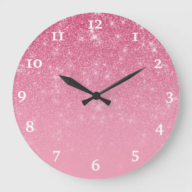 Girly Pink Glitter Glam Chic Sparkly Ombre Large Clock | Zazzle