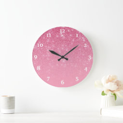 Girly Pink Glitter Glam Chic Sparkly Ombre Large Clock | Zazzle