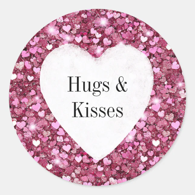 Girly Pink Glitter Hearts Hugs Classic Round Sticker | Zazzle