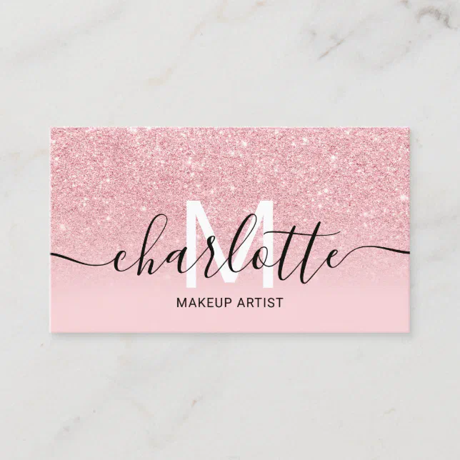 Girly pink glitter ombre sparkles name makeup logo business card | Zazzle
