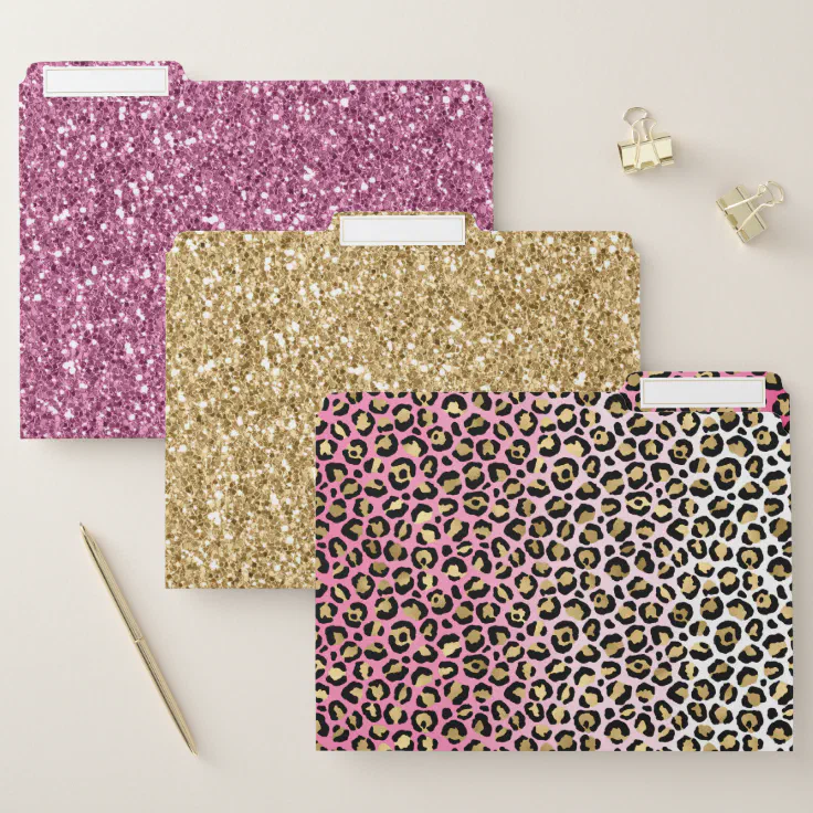 Girly Pink Gold Glitter Leopard Ombre File Folder | Zazzle