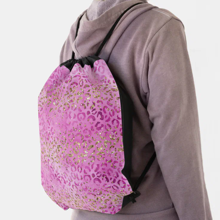 Girly Pink Gold Glitter Leopard Print Glitz Drawstring Bag | Zazzle