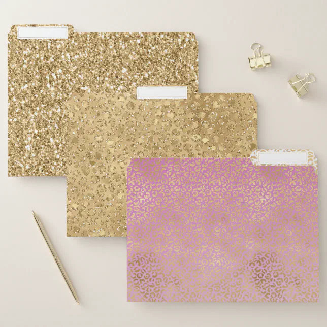 Girly Pink Gold Leopard Ombre Glitter File Folder | Zazzle