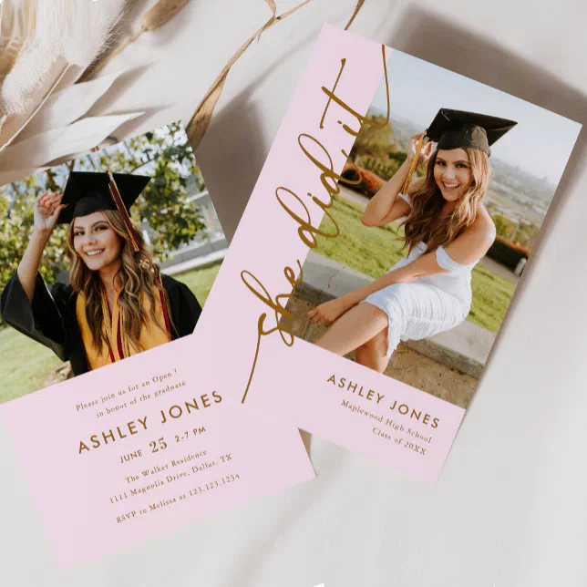 Girly Pink & Gold She Did It Photo Graduation Invitation | Zazzle