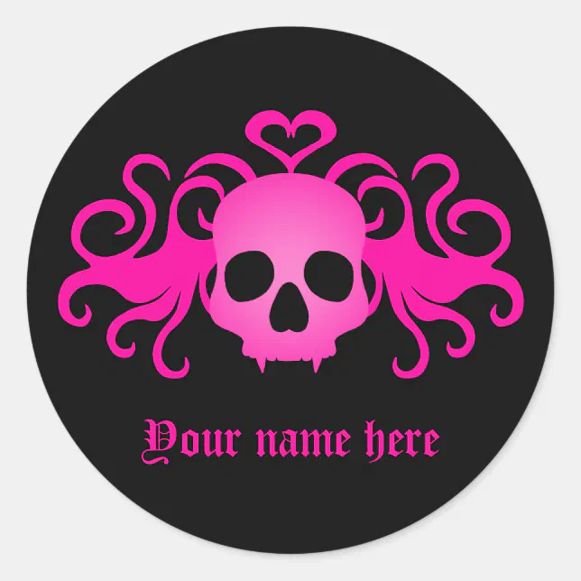 Girly pink goth skull on black classic round sticker | Zazzle