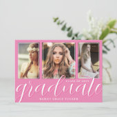 Girly Pink Graduate Script 3-Photo Graduation Announcement | Zazzle