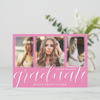 Girly Pink Graduate Script 3-Photo Graduation Announcement | Zazzle