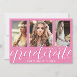 Girly Pink Graduate Script 3-Photo Graduation Announcement | Zazzle
