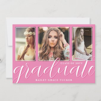 Girly Pink Graduate Script 3-Photo Graduation Announcement | Zazzle