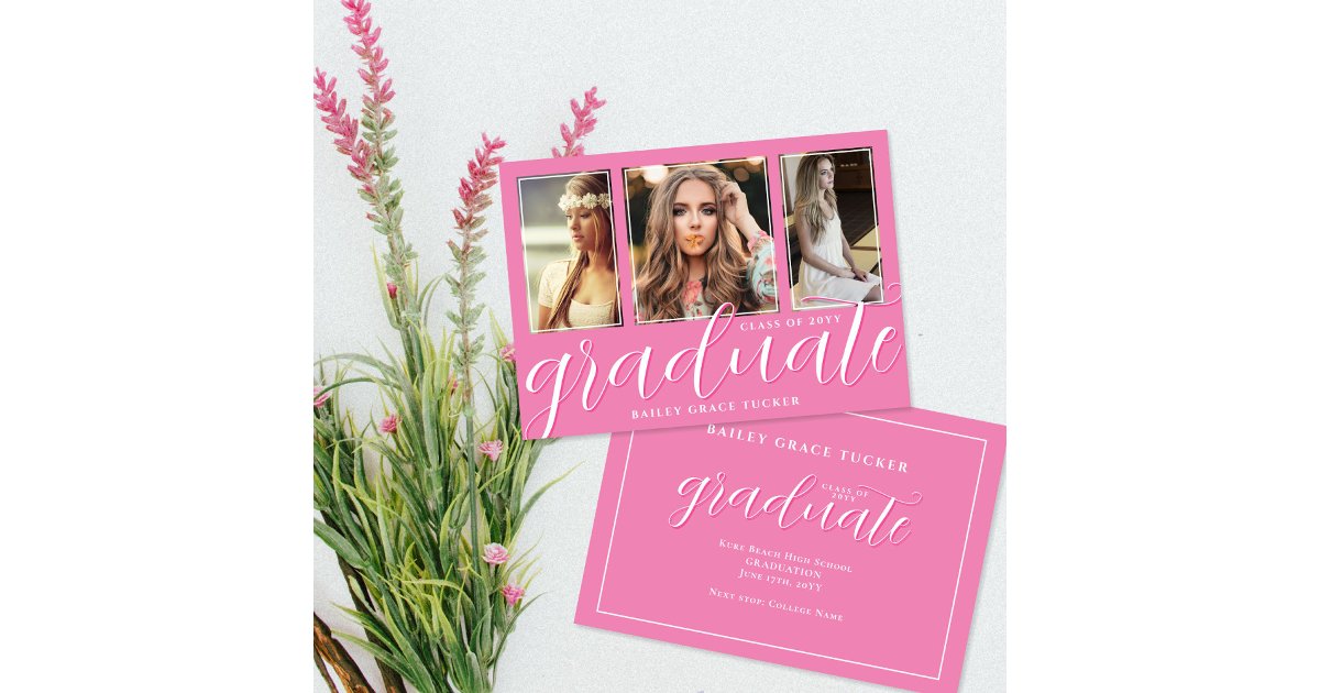 Girly Pink Graduate Script 3-Photo Graduation Announcement | Zazzle