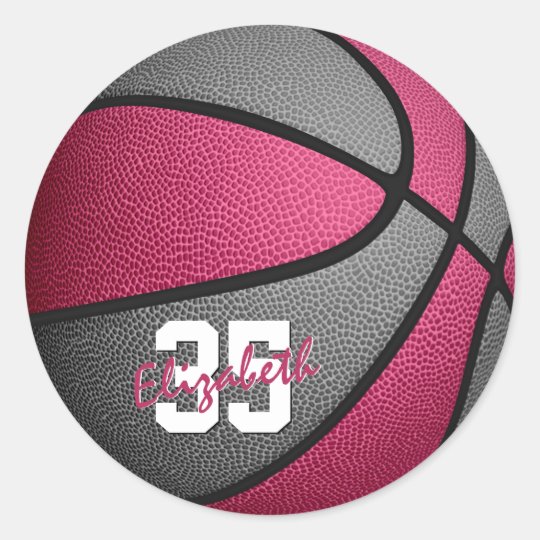 girly pink gray personalized basketball classic round sticker | Zazzle.com