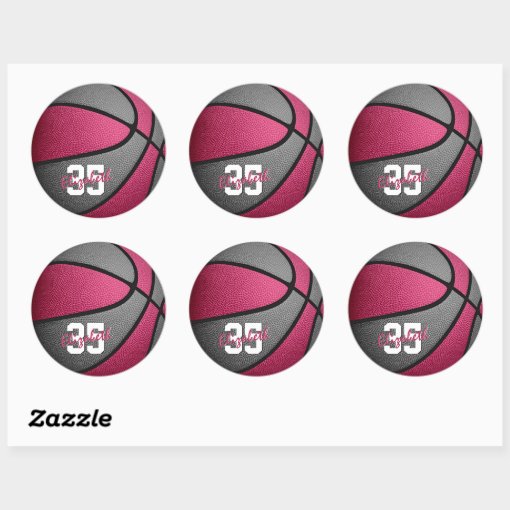 girly pink gray personalized basketball classic round sticker | Zazzle