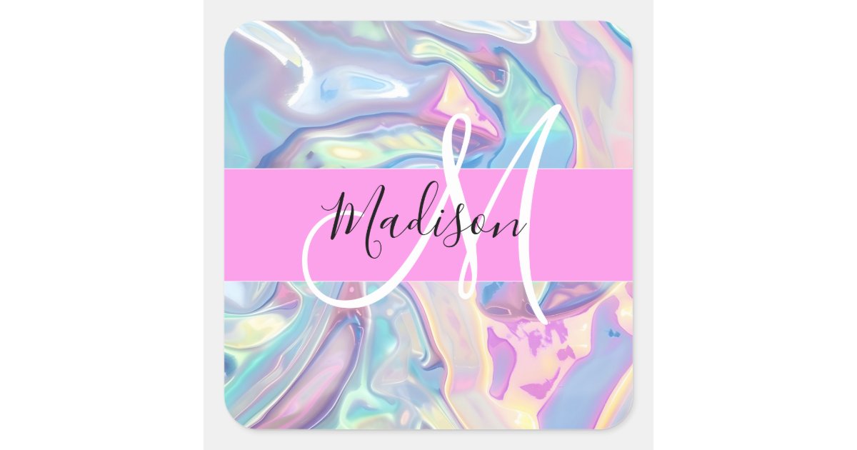 Girly Pink Holographic Iridescent Monogram Name Square Sticker | Zazzle
