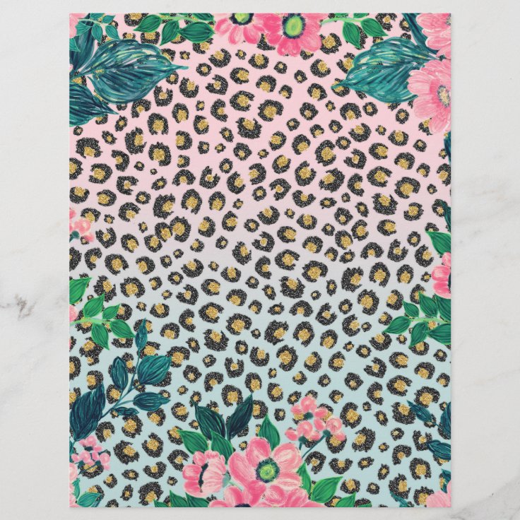 Girly Pink Mint Ombre Floral Glitter Leopard Print Letterhead | Zazzle