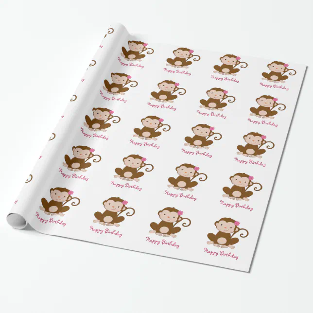 Girly Pink Monkey Birthday Wrapping Paper | Zazzle