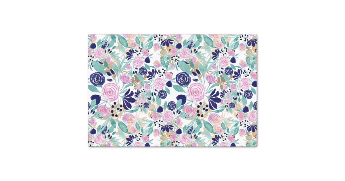 Girly Pink Navy Blue Gold Watercolor Flowers Tissue Paper | Zazzle