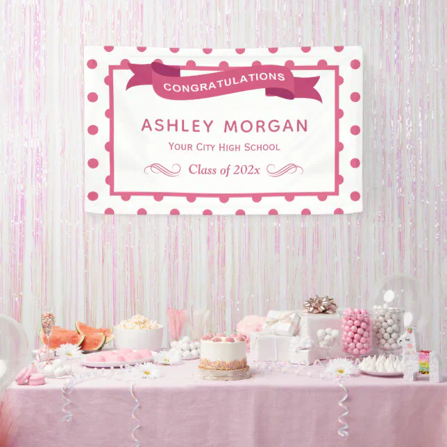 Girly Pink Polka Dots Congrats Graduation Party Banner | Zazzle