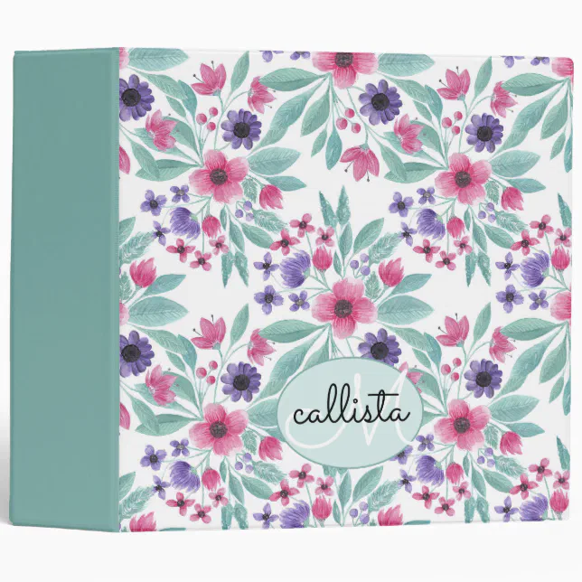 Girly Pink Purple Teal Watercolor Floral Monogram 3 Ring Binder | Zazzle