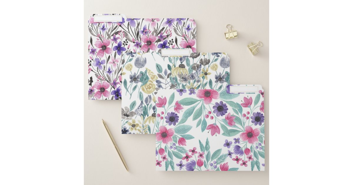 Girly Pink Purple Teal Watercolor Floral Pattern File Folder | Zazzle
