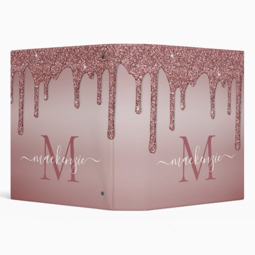 Girly Pink Rose Gold Glitter Drips Monogram 3 Ring Binder | Zazzle