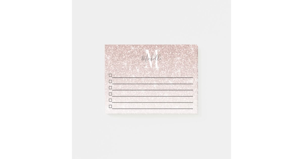 Girly Pink Rose Gold Monogram Glam Glitter Sparkle Post-it Notes | Zazzle