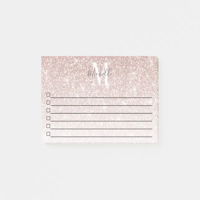 Girly Pink Rose Gold Monogram Glam Glitter Sparkle Post-it Notes | Zazzle