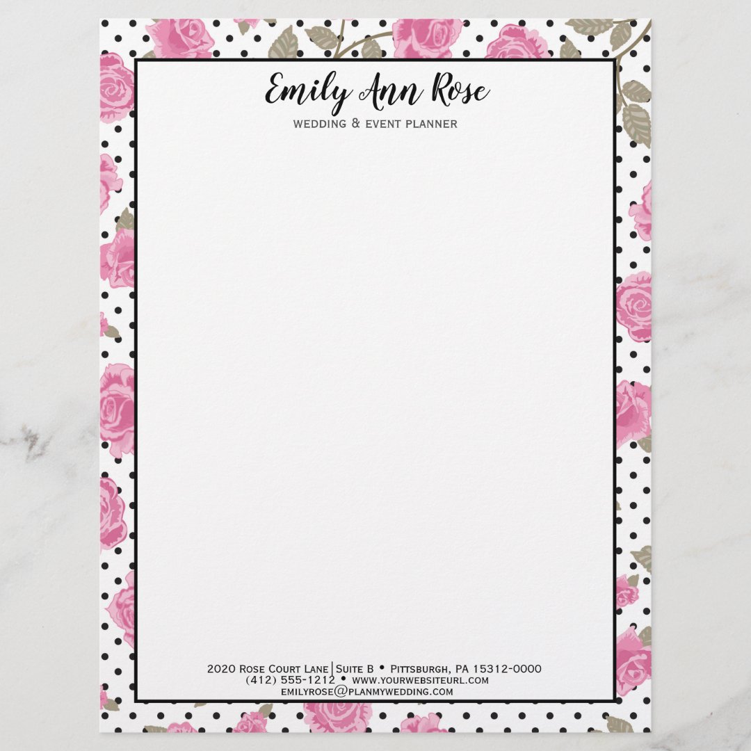 Girly Pink Roses Script Girly Floral Stationary Letterhead | Zazzle
