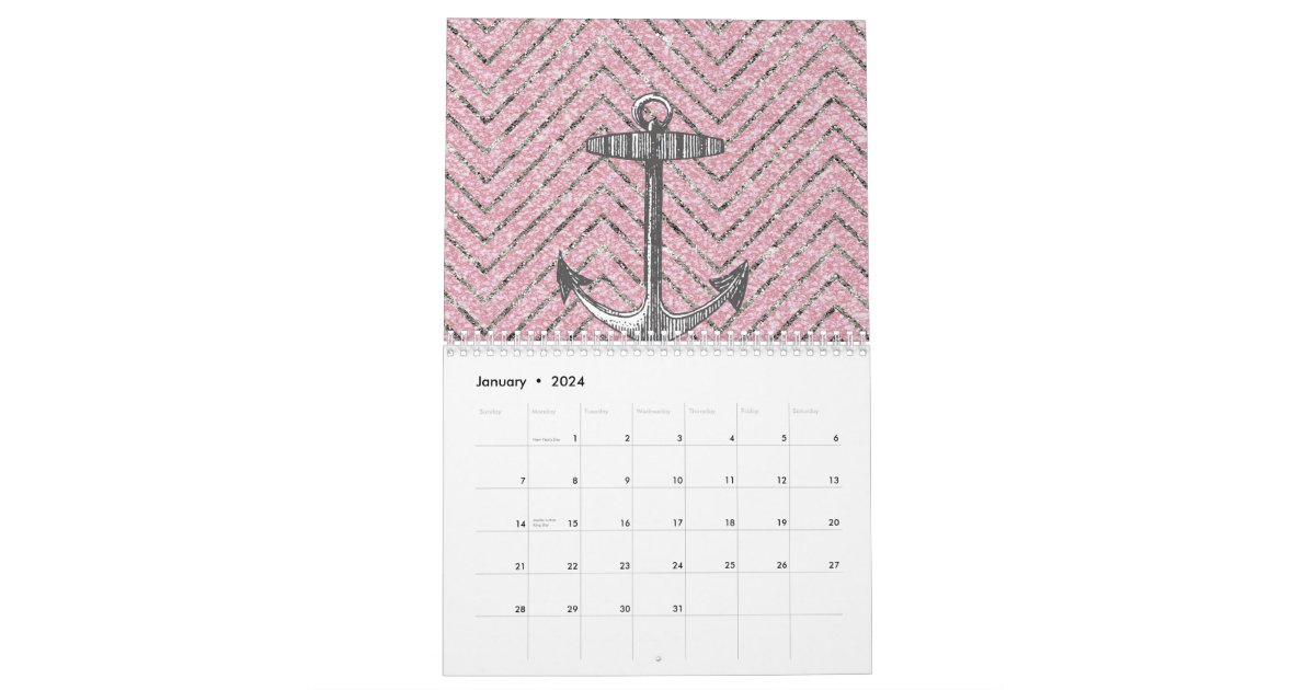 Girly Pink Silver Glitter Chevron Pattern Anchor Calendar | Zazzle