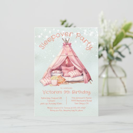 Girly Pink Sleepover Glamping Tent Birthday Invitation | Zazzle