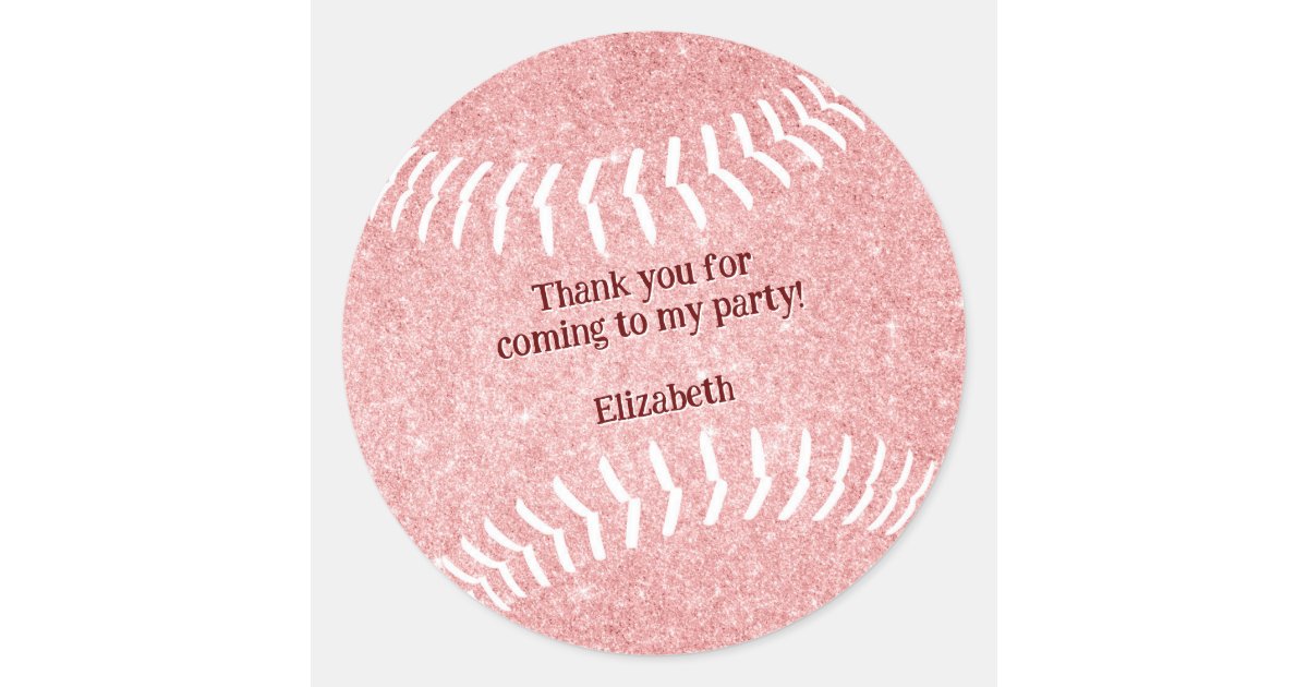 girly pink softball baseball party thank you classic round sticker | Zazzle