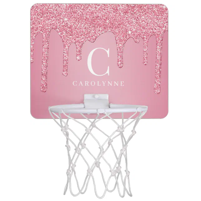 Girly Pink Sparkle Glitter Drips Monogram Mini Basketball Hoop | Zazzle