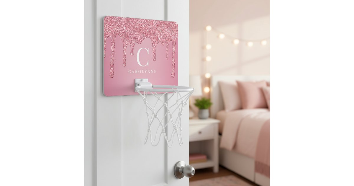 Girly Pink Sparkle Glitter Drips Monogram Mini Basketball Hoop | Zazzle