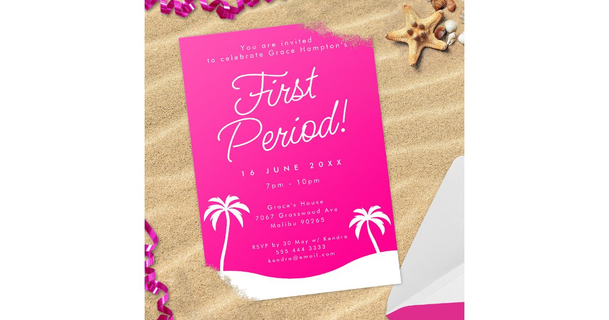 Girly Pink Trendy Beach First Period Party Invitation | Zazzle