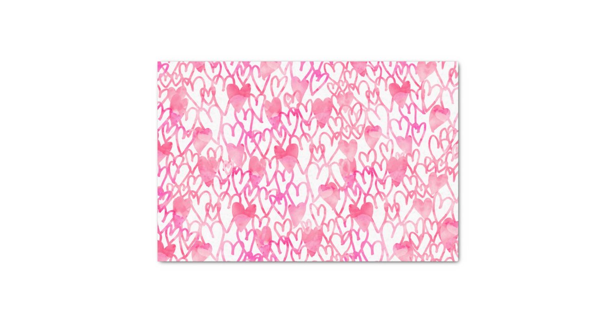 Girly pink watercolor hand drawn hearts pattern tissue paper | Zazzle