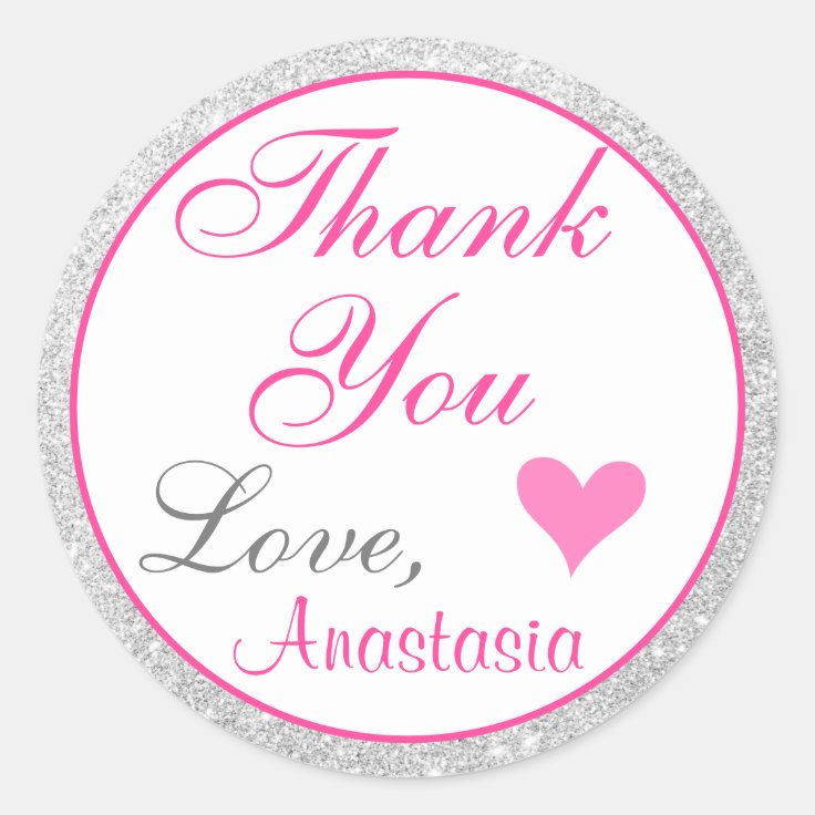 Girly Princess Pink and Silver Glitter Thank You Classic Round Sticker ...