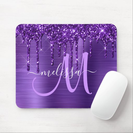 Girly Purple Dripping Glitter Brush Metal Monogram Mouse Pad | Zazzle
