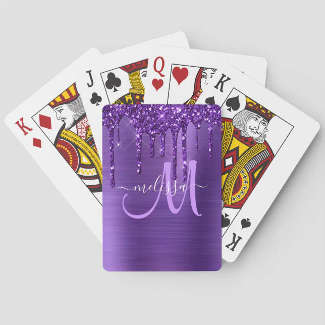 Girly Purple Dripping Glitter Brush Metal Monogram Poker Cards | Zazzle