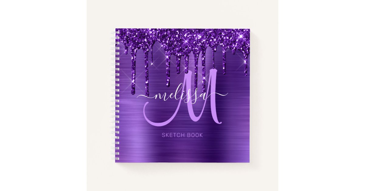 Girly Purple Dripping Glitter Brush Metal Sketch Notebook | Zazzle