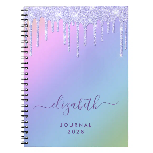 Girly Purple Glitter Drips Personalized Rainbow Notebook | Zazzle