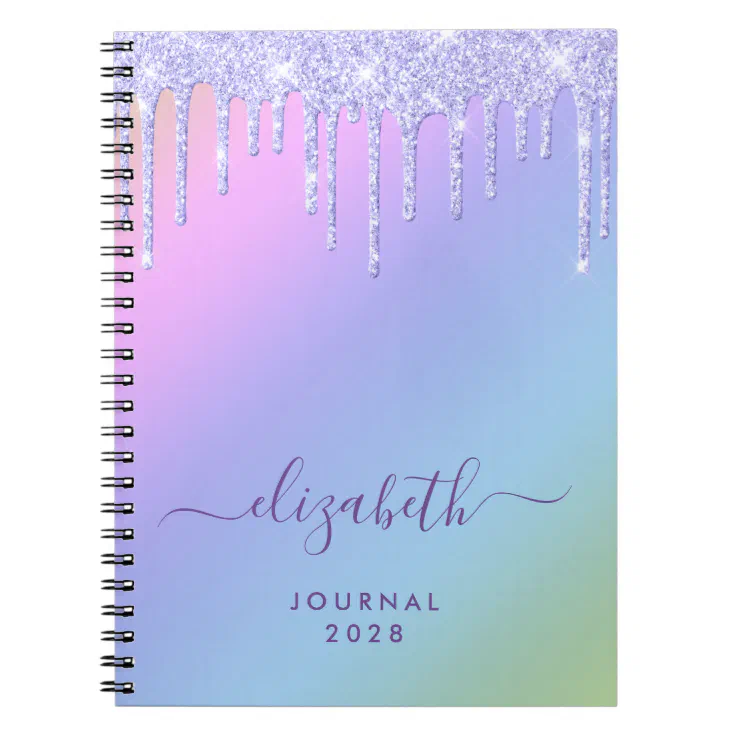 Girly Purple Glitter Drips Personalized Rainbow Notebook | Zazzle