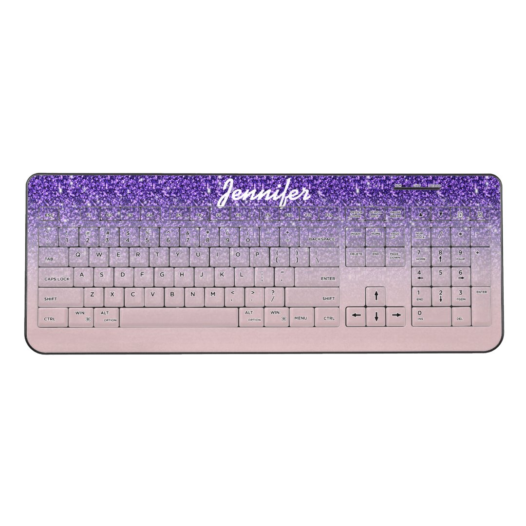 Girly Purple Glitter Sparkles Pink Ombre Name Wireless Keyboard | Zazzle