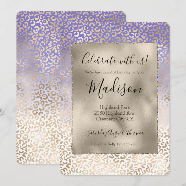 Girly Purple Gold Ombre Leopard Print Invitation | Zazzle