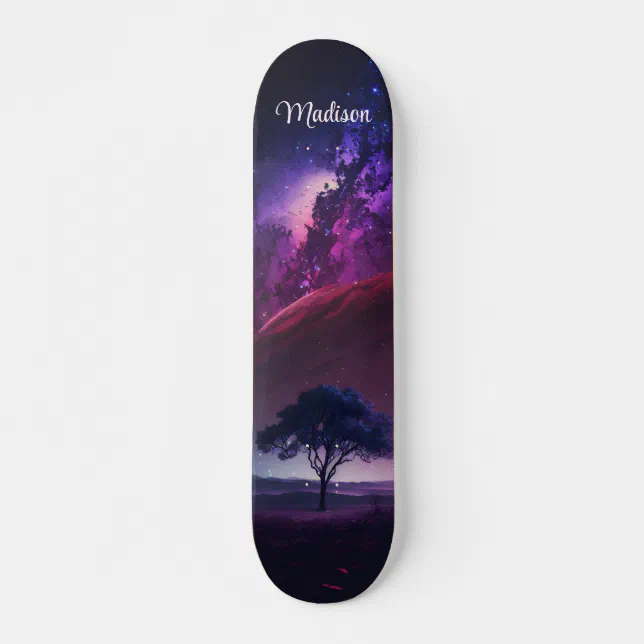 Girly Purple Midnight Sky Tree Custom Name Skateboard | Zazzle