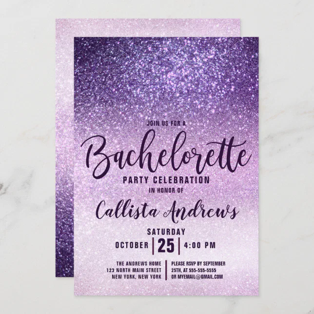 Girly Purple Triple Glitter Bachelorette Invitation | Zazzle