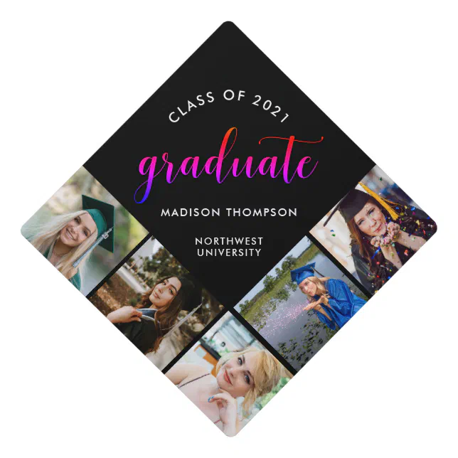 Girly Rainbow Calligraphy Graduate Custom Photo Graduation Cap Topper ...