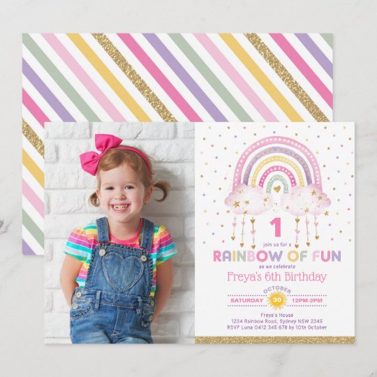 Girly Rainbow Clouds Confetti Pink Gold Birthday Invitation | Zazzle.com