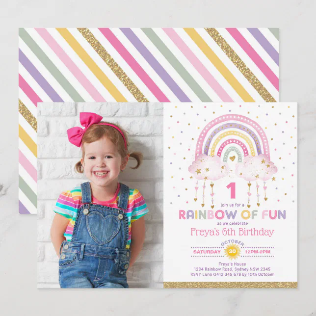 Girly Rainbow Clouds Confetti Pink Gold Birthday Invitation | Zazzle