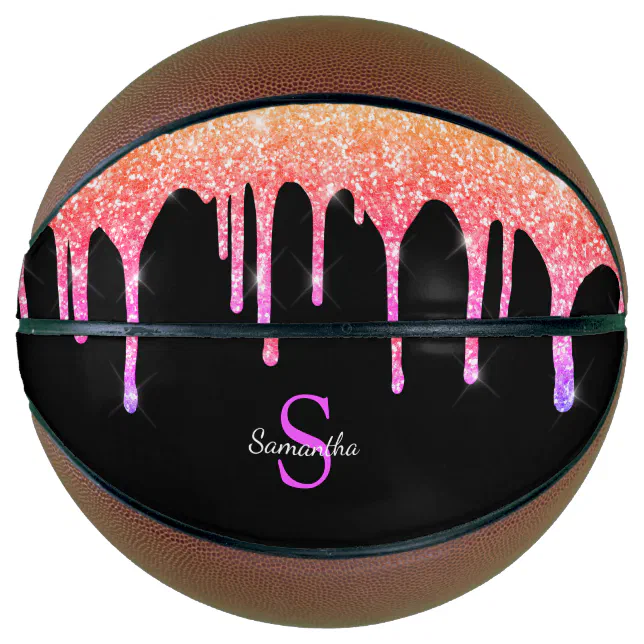 Girly Rainbow Glitter Sparkle Drips Monogram Basketball | Zazzle